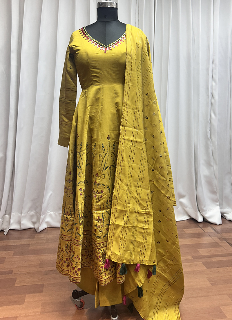 Buy Yellow Roman Silk Foil Print Ceremonial Wear Readymade Anarkali ...