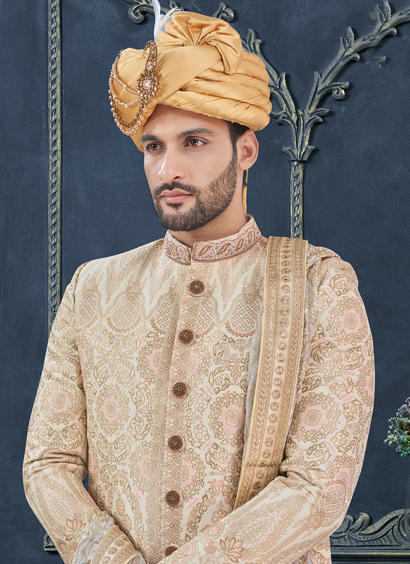 Buy Cream Jacquard Cottton Silk Hand Work Groom Wear Readymade Sherwani ...