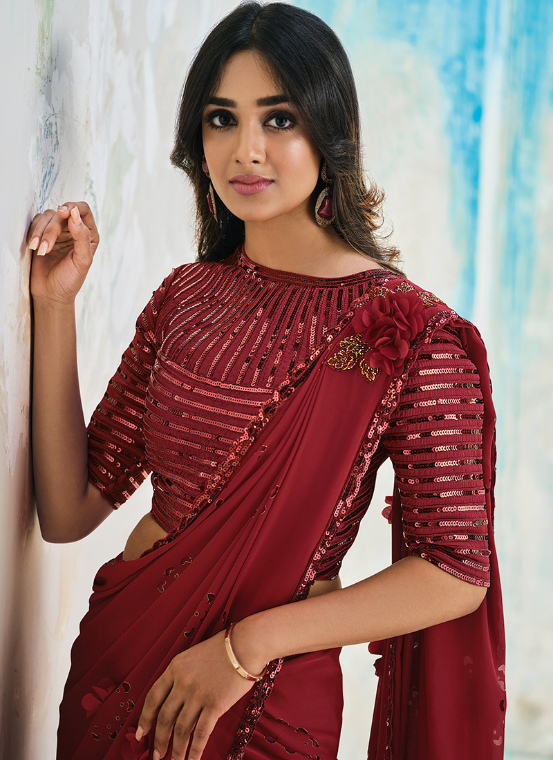 Buy Red Sattin Crepe Sequins Work Wedding Wear Ready To Wear Saree ...