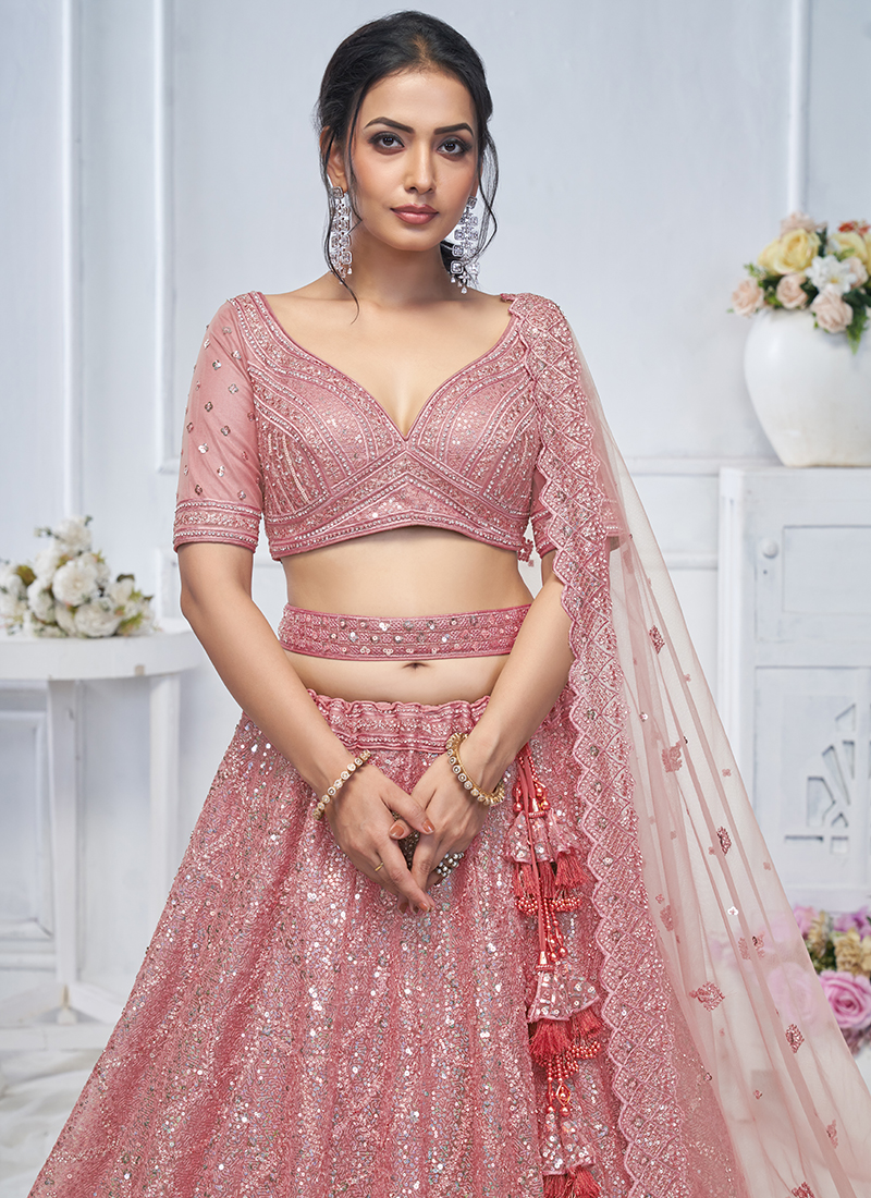 Buy Pink Soft Net Embroidery Work Bridal Wear Lehenga Choli Online From ...