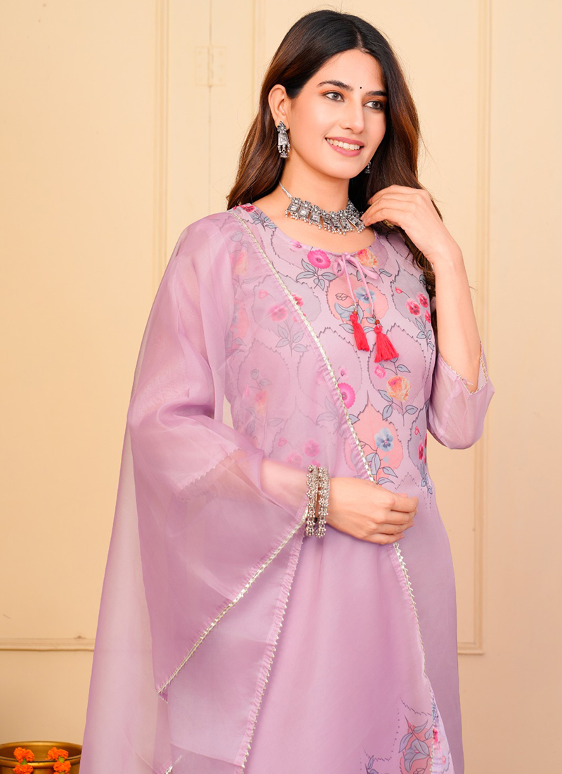 Buy Lavender Premium Organza Printed Casual Wear Readymade Suit Online ...