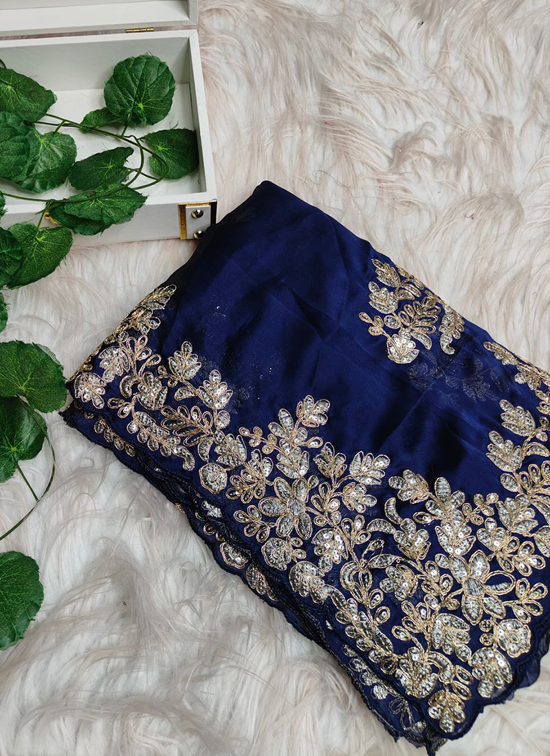 Buy Navy Blue Rangoli Silk Embroidery Work Party Wear Saree Online From ...