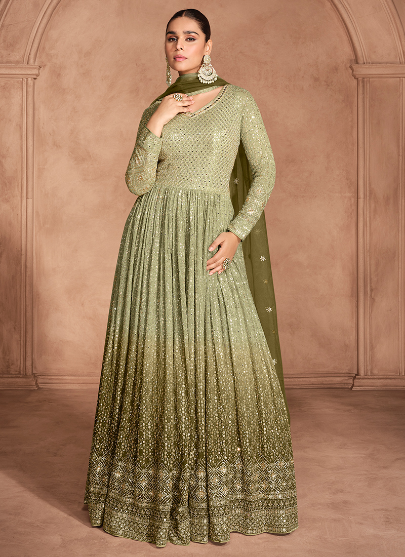 Buy Green Georgette Sequins Work Wedding Wear Readymade Anarkali Suit ...