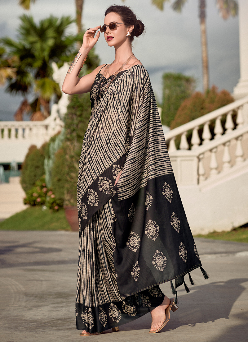 Buy Black Mul Mul Silk Printed Work Casual Wear Saree Online From Surat ...