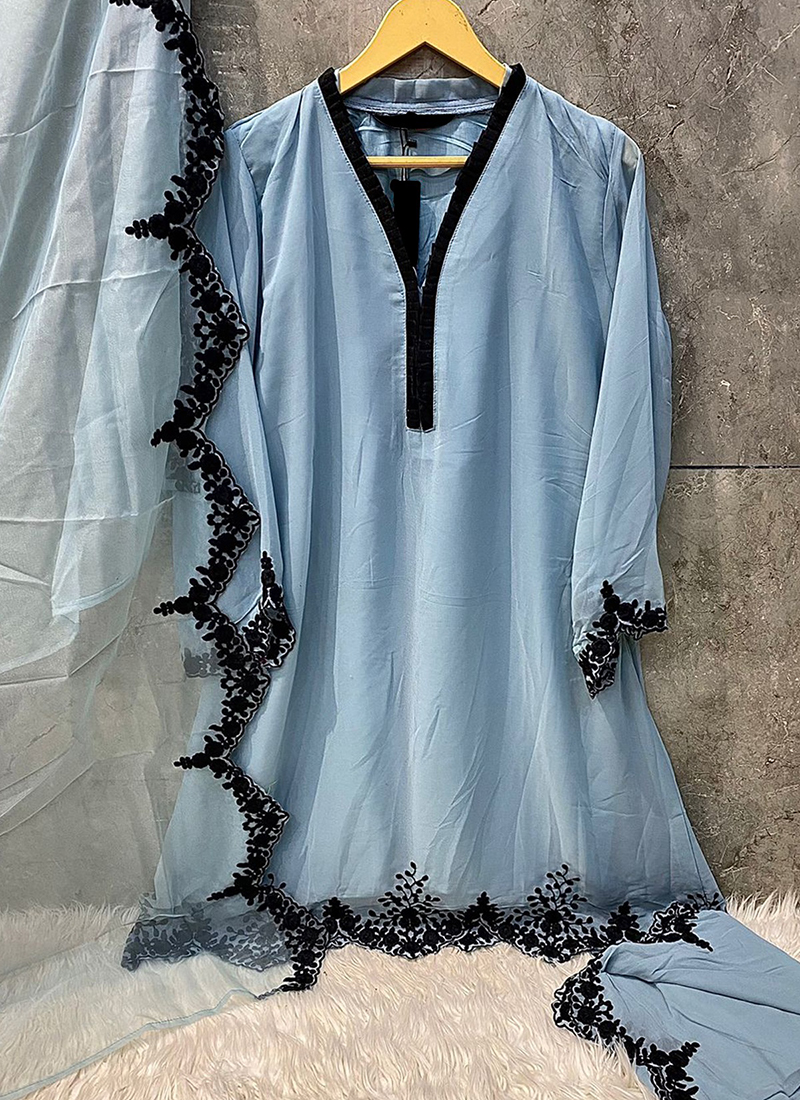 Buy Powder Blue Heavy Georgette Border Work Festival Wear Readymade ...