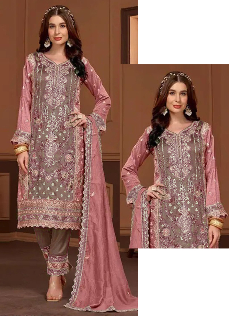 Buy Brown Heavy Chinon Zari Embroidery Work Festival Wear Readymade ...