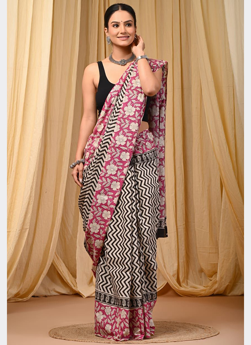 Buy Multi Color Pure Cotton Hand Block Printed Daily Wear Mul Mul Saree ...