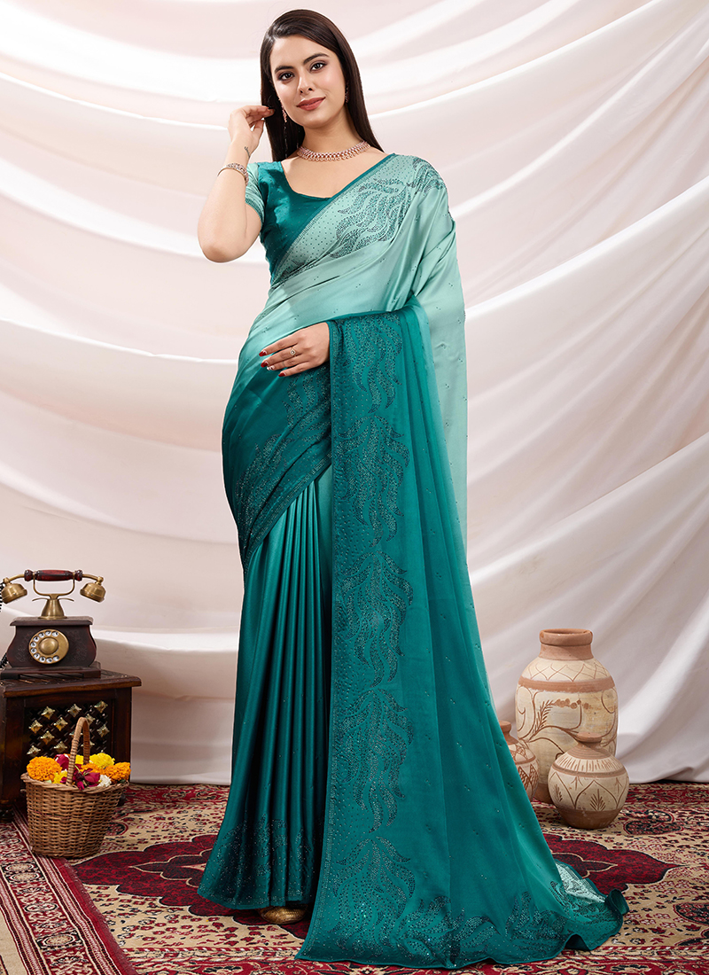 Buy Sky Blue Japan Sattin Swarovski Work Traditional Wear Saree Online ...