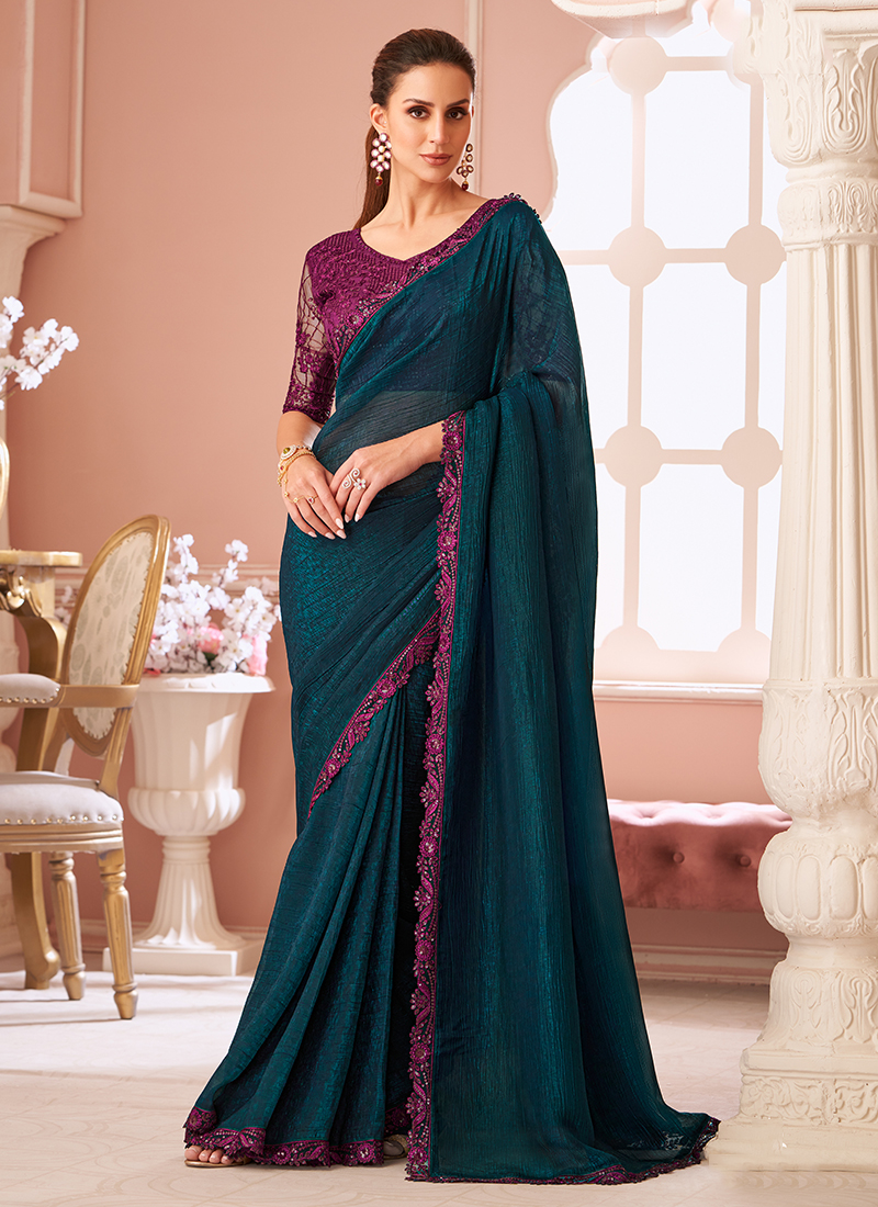 Buy Morpeach Rainbow Lace Work Party Wear Saree Online From Surat ...