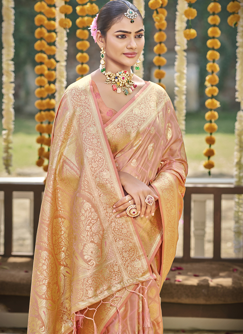Buy Peach Sattin Silk Weaving Ceremonial Wear Saree Online From Surat ...