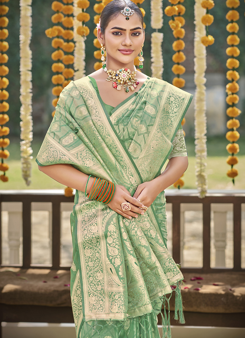 Buy Sea Green Sattin Silk Weaving Ceremonial Wear Saree Online From ...