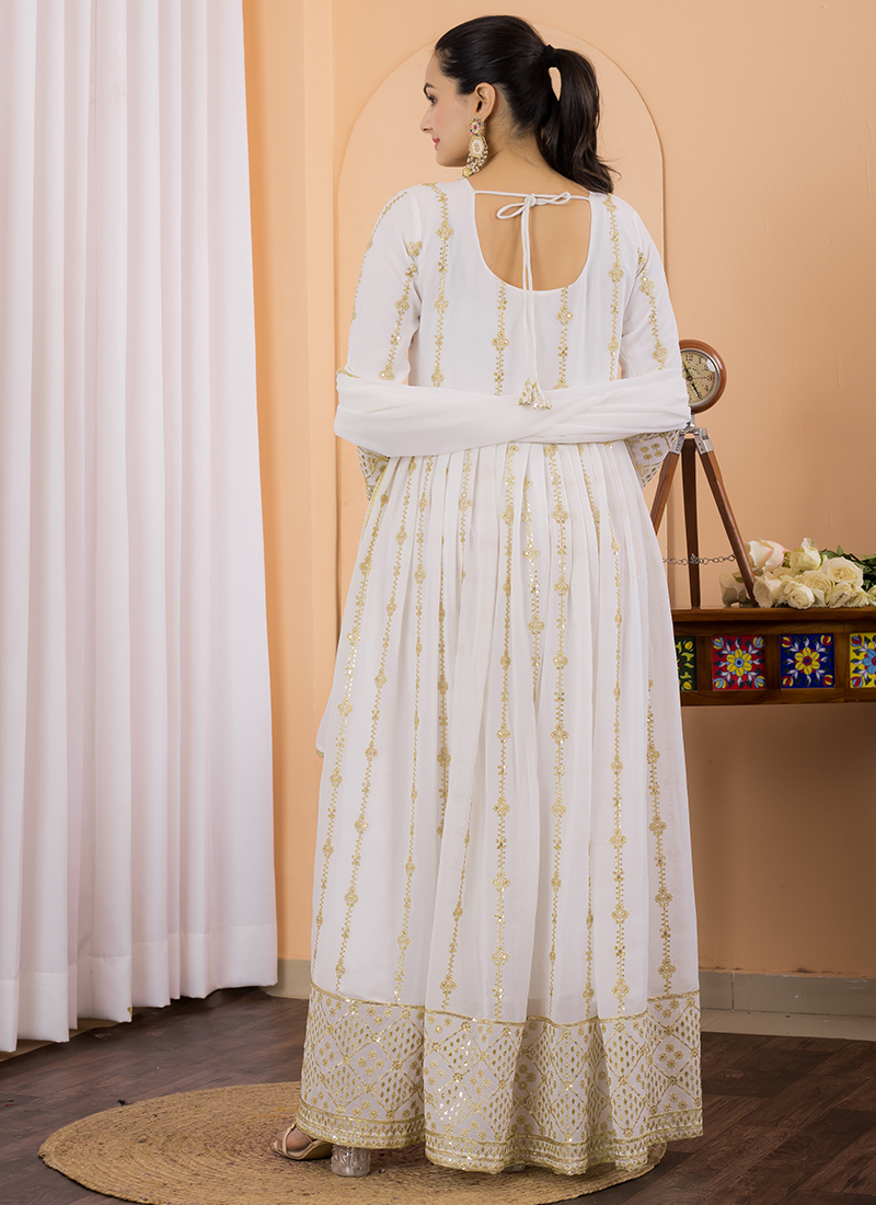 Buy White Faux Georgette Embroidery Work Party Wear Readymade Anarkali ...