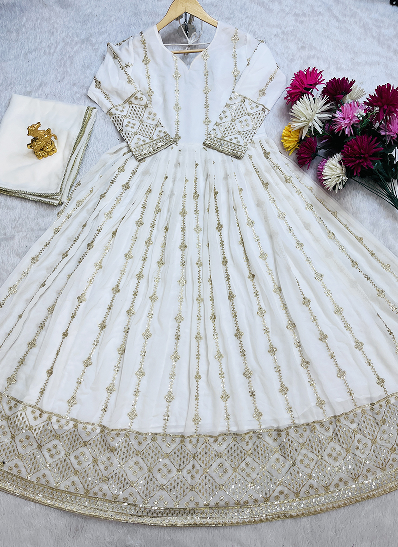 Buy White Faux Georgette Embroidery Work Party Wear Readymade Anarkali ...