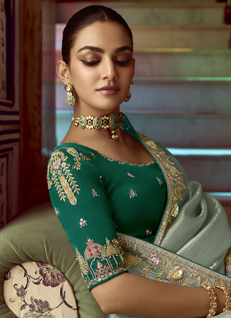 Buy Sky Blue Fancy Mirror Work Wedding Wear Saree Online From Surat ...