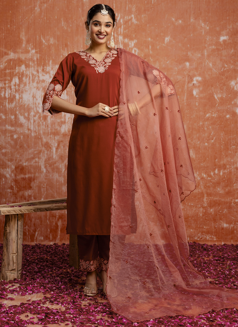Buy Rust Silk Blend Embroidery Work Ceremonial Wear Readymade Straight ...