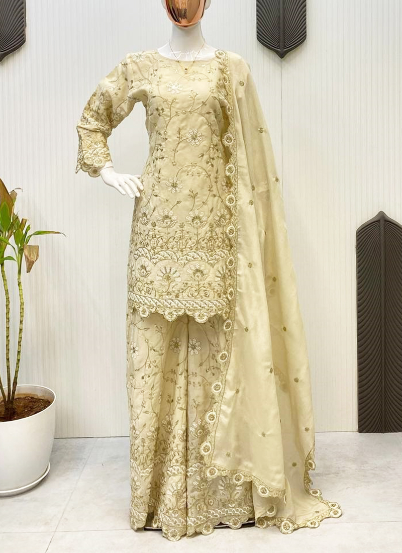 Buy Beige Chinon Sequence Embroidery & Thread Work Party Wear Readymade ...