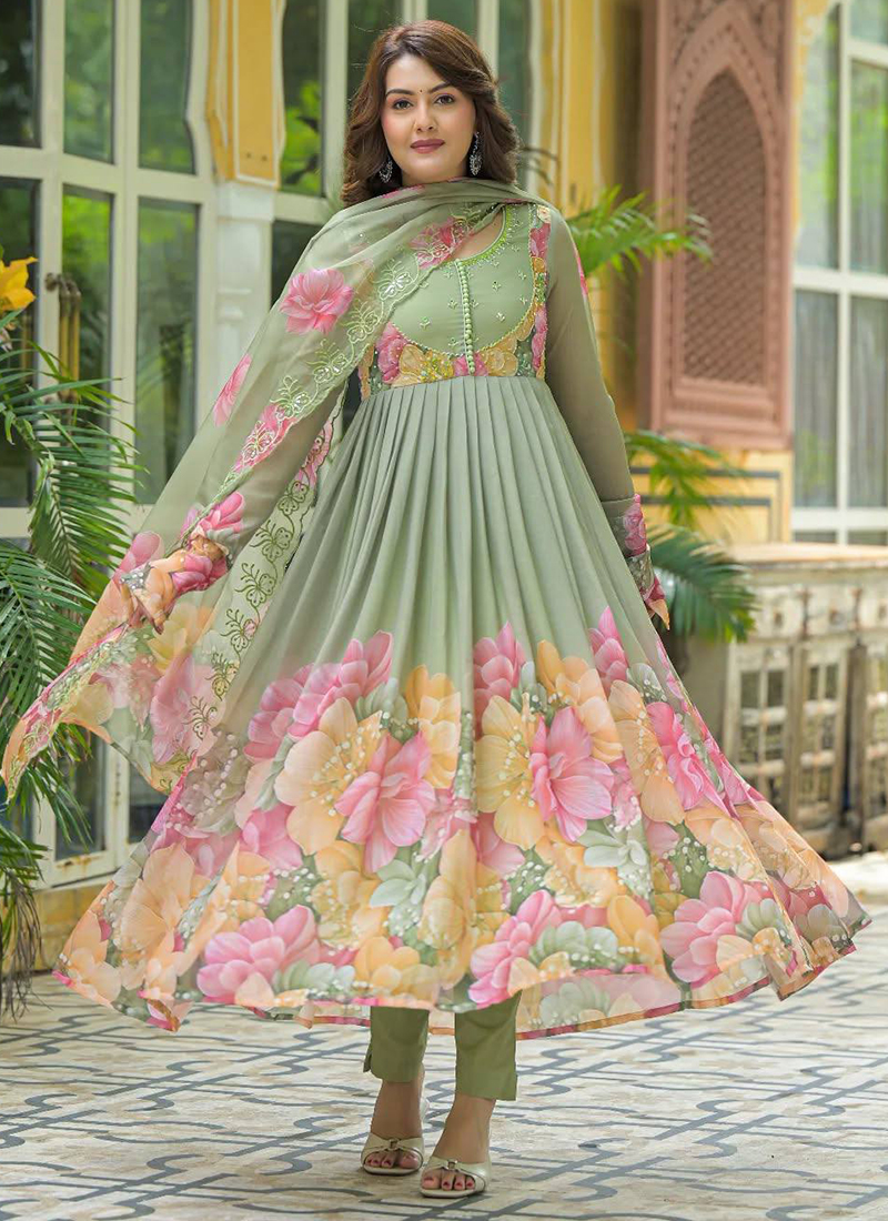 Buy Pista Faux Georgette Hand Work Festival Wear Readymade Anarkali ...